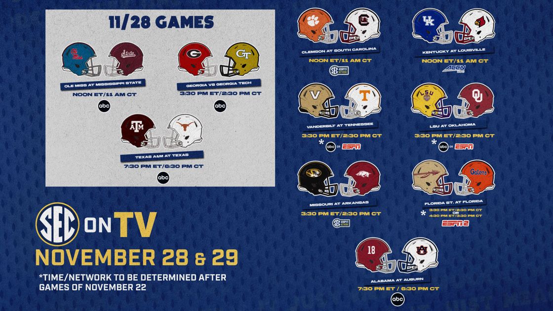 SEC announces football TV schedule for Nov. 22 and Thanksgiving Weekend ...